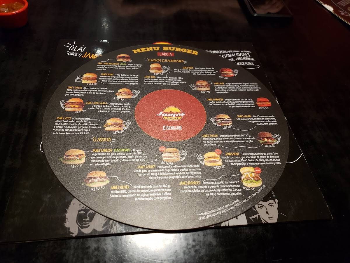 Menu at James Burger fast food, Belo Horizonte