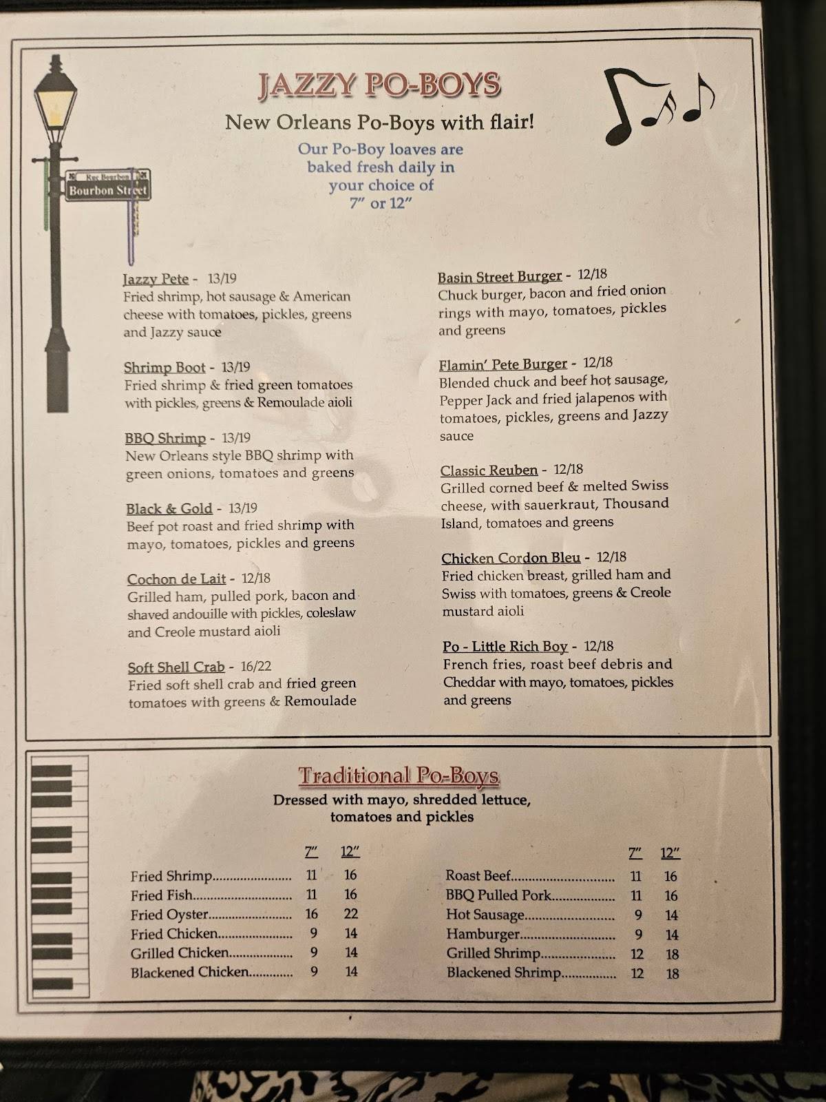 Menu at Jazzy Pete's Poboys restaurant, Slidell