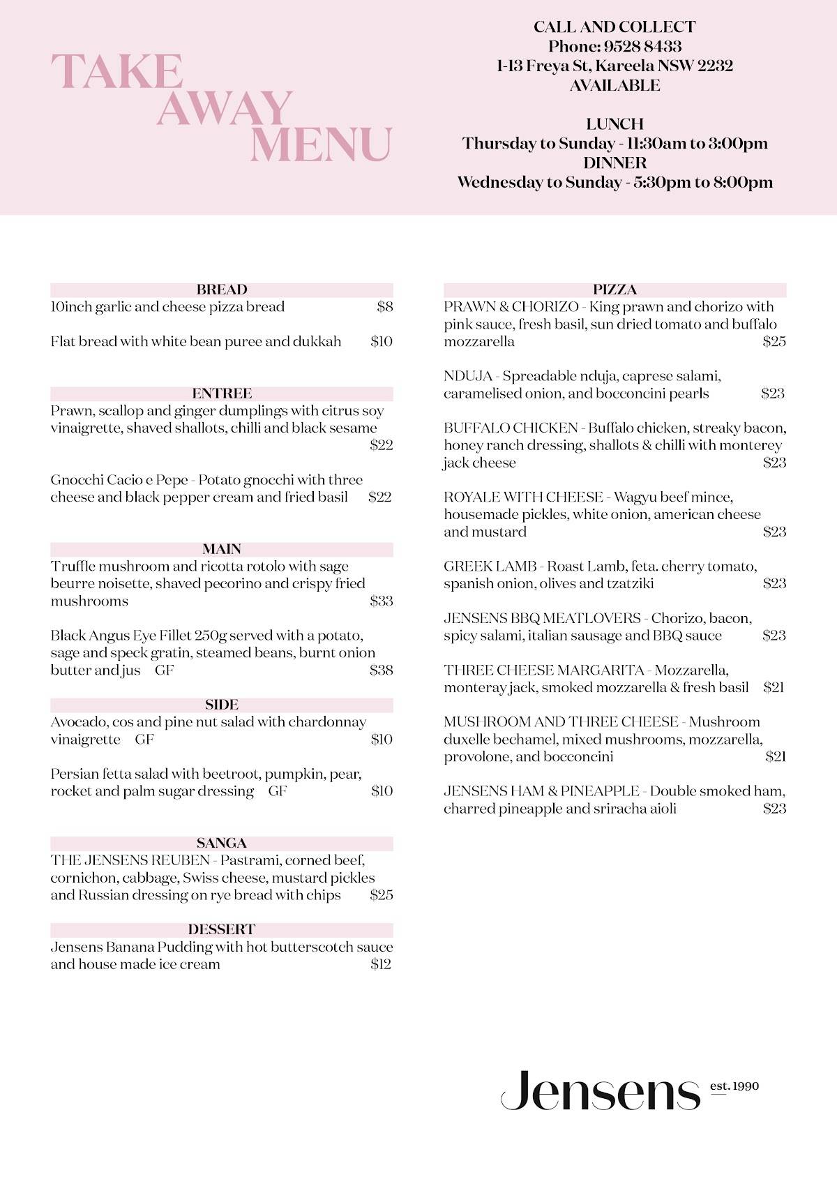 Menu at Jensens Restaurant, Kareela