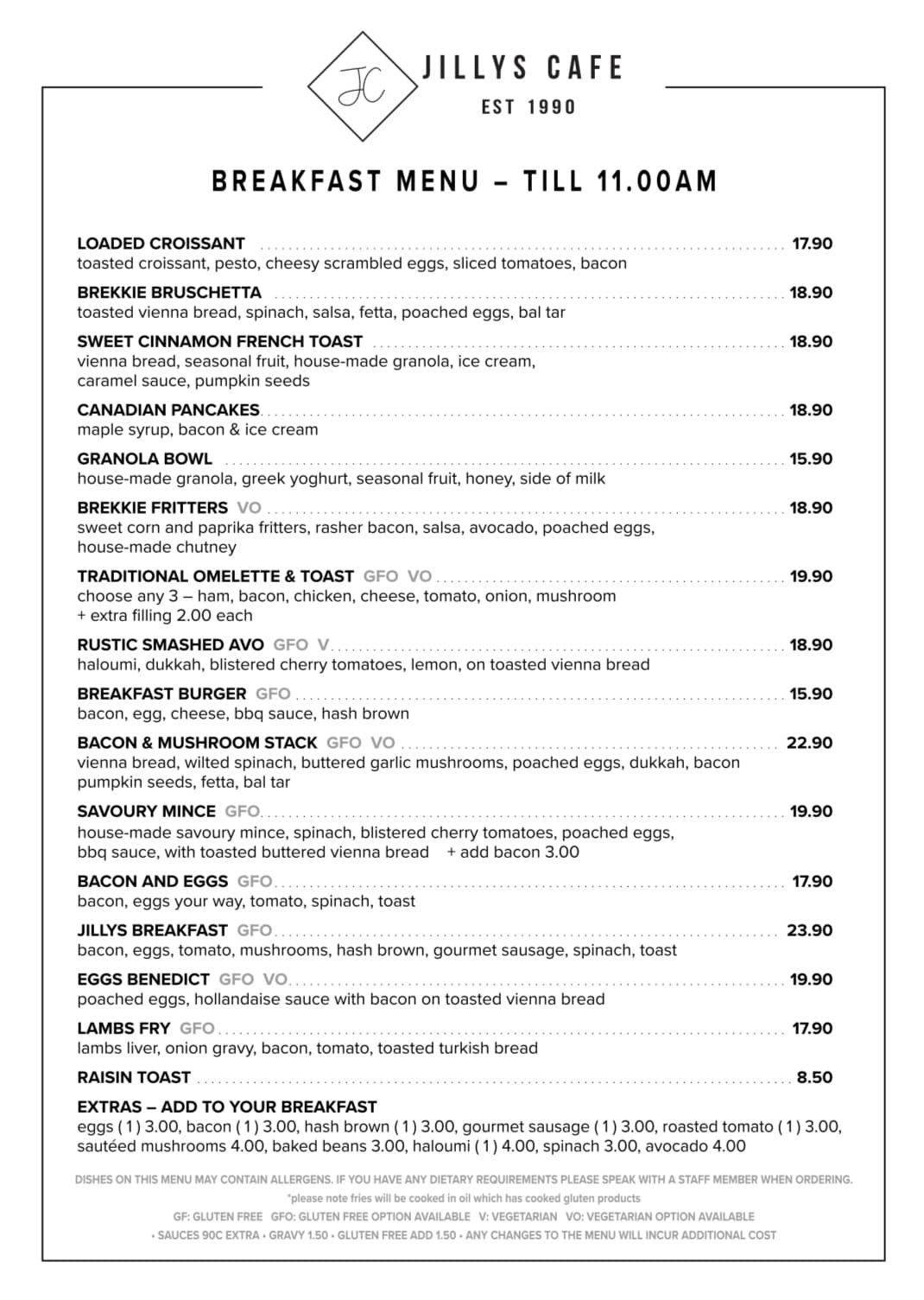 Menu at Jillys Cafe, East Toowoomba