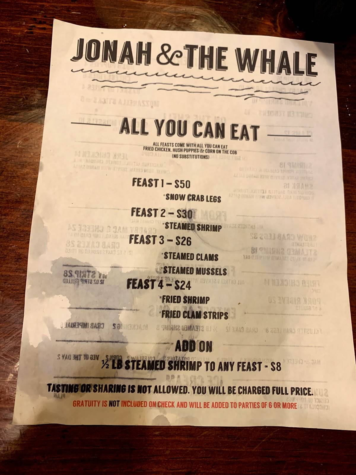 Menu at Jonah and the Whale restaurant, Ocean City