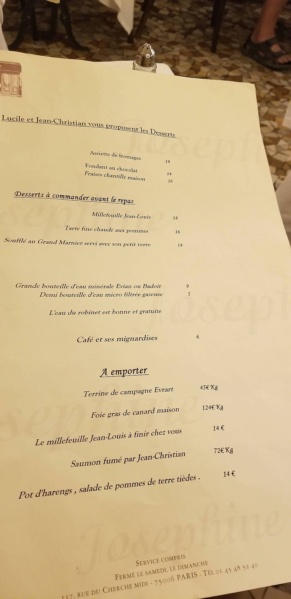 Menu at Joséphine Chez Dumonet restaurant, Paris