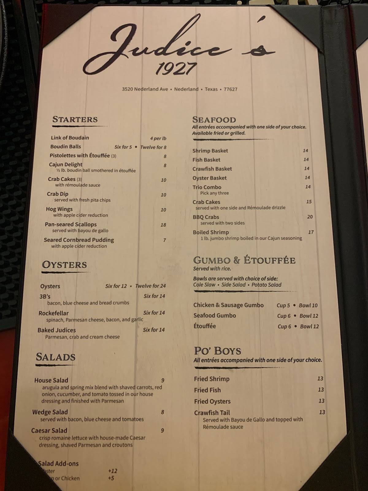 Menu at Judices 1927 pub & bar, Nederland