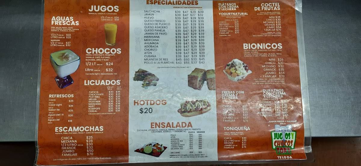 Carta del pub y bar Jugos y Chocos Tony, Aguascalientes, Profesor ...