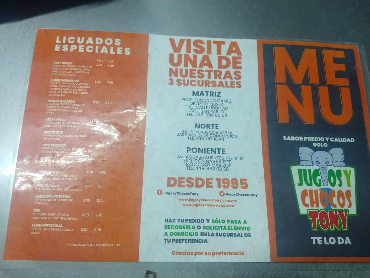 Carta del pub y bar Jugos y Chocos Tony, Aguascalientes, Profesor ...