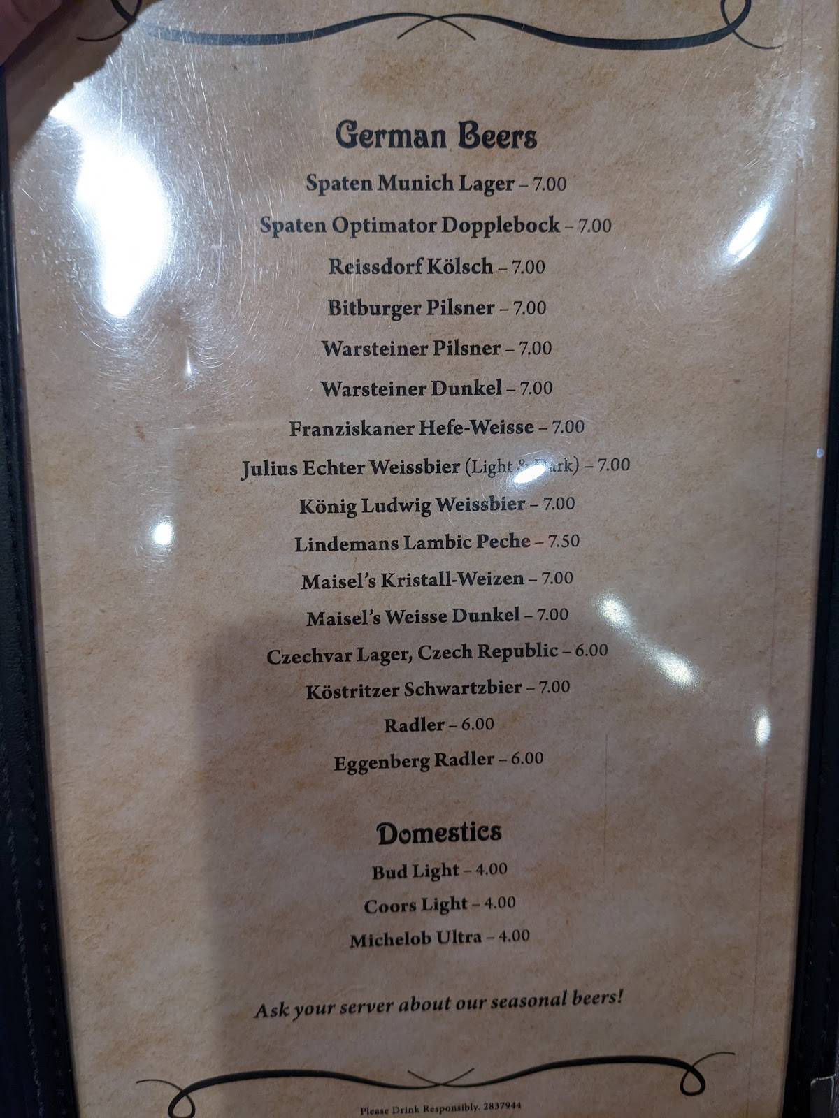 Menu at Julia's German Stammtisch restaurant, Columbia, 120 ...