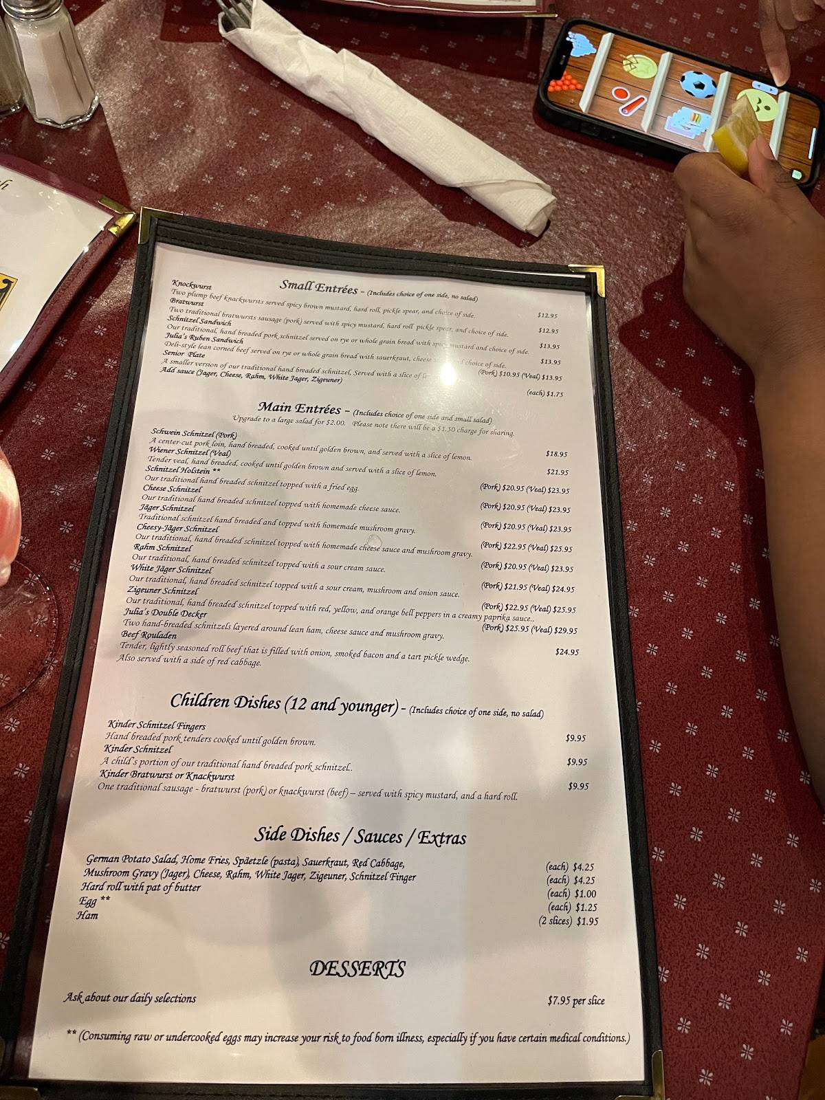 Menu at Julia's German Stammtisch restaurant, Columbia, 120 ...