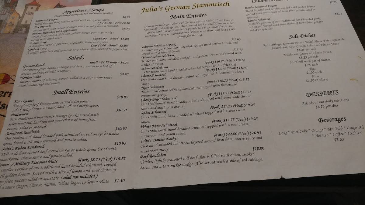 Menu at Julia's German Stammtisch restaurant, Columbia, 120 ...