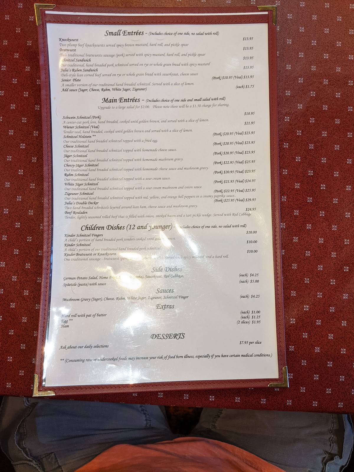 Menu at Julia's German Stammtisch restaurant, Columbia, 120 ...