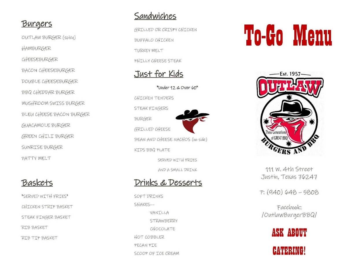 Menu at Outlaw Burgers & BBQ, Justin