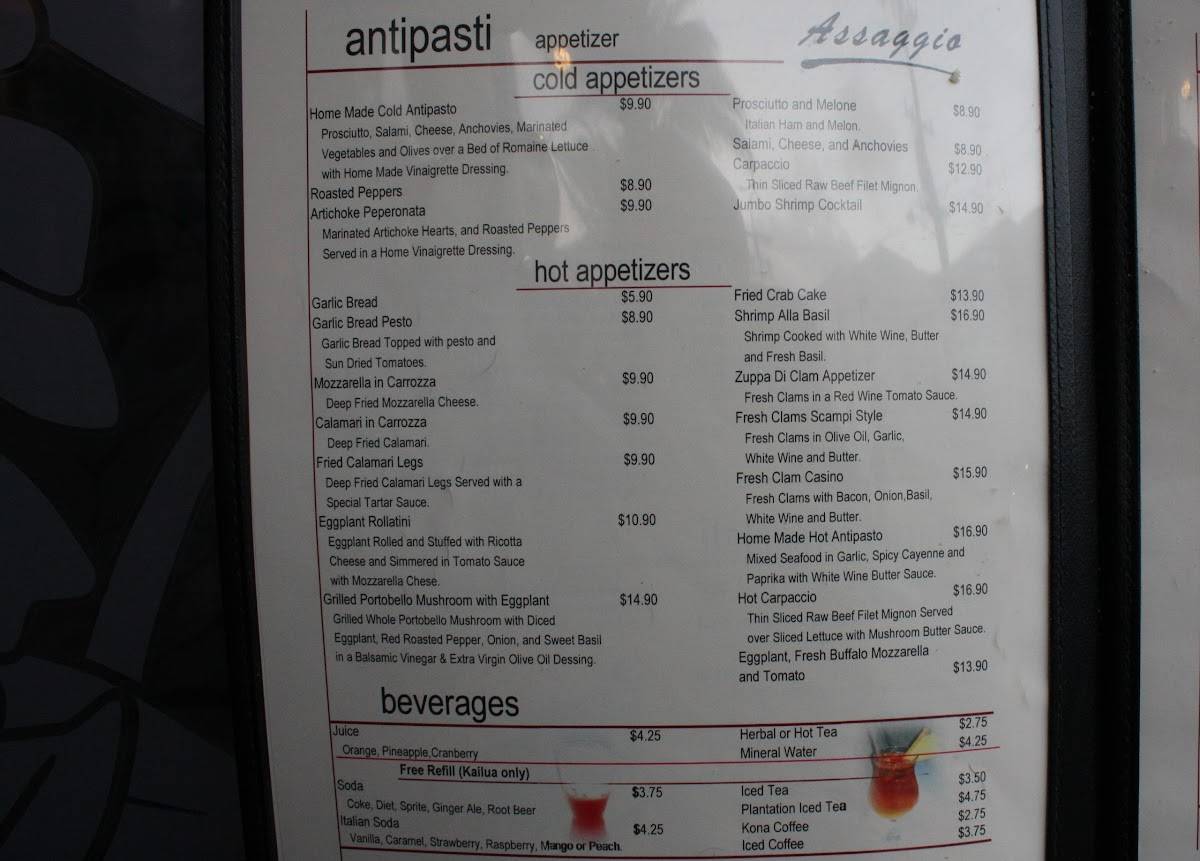 Menu at Assaggio Kailua restaurant, Kailua, 354 Uluniu St #101