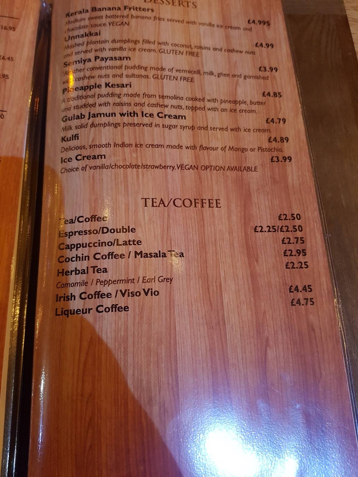 Menu at Kayal restaurant, Leicester