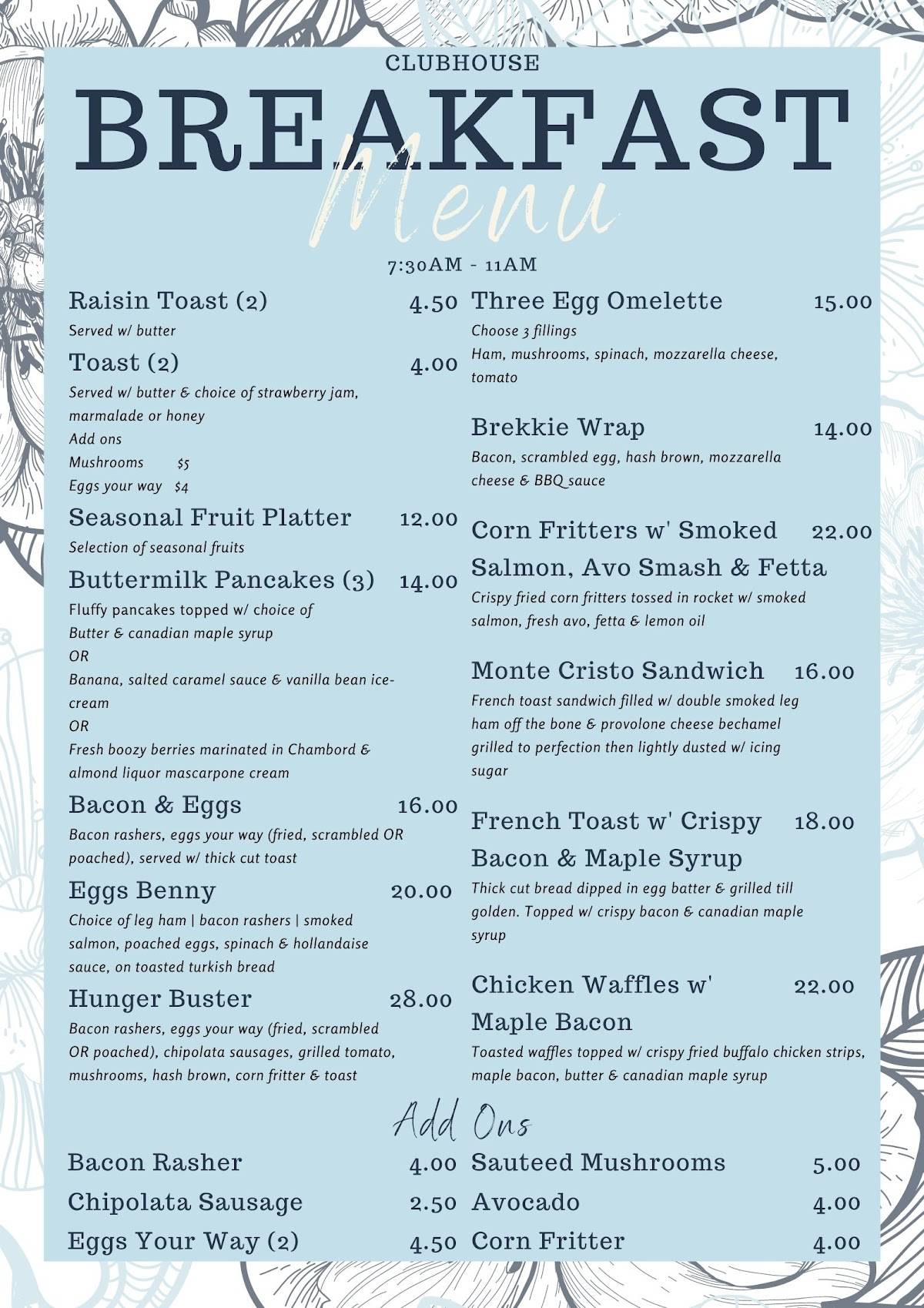 Menu at Keppel Bay Sailing Club, Yeppoon
