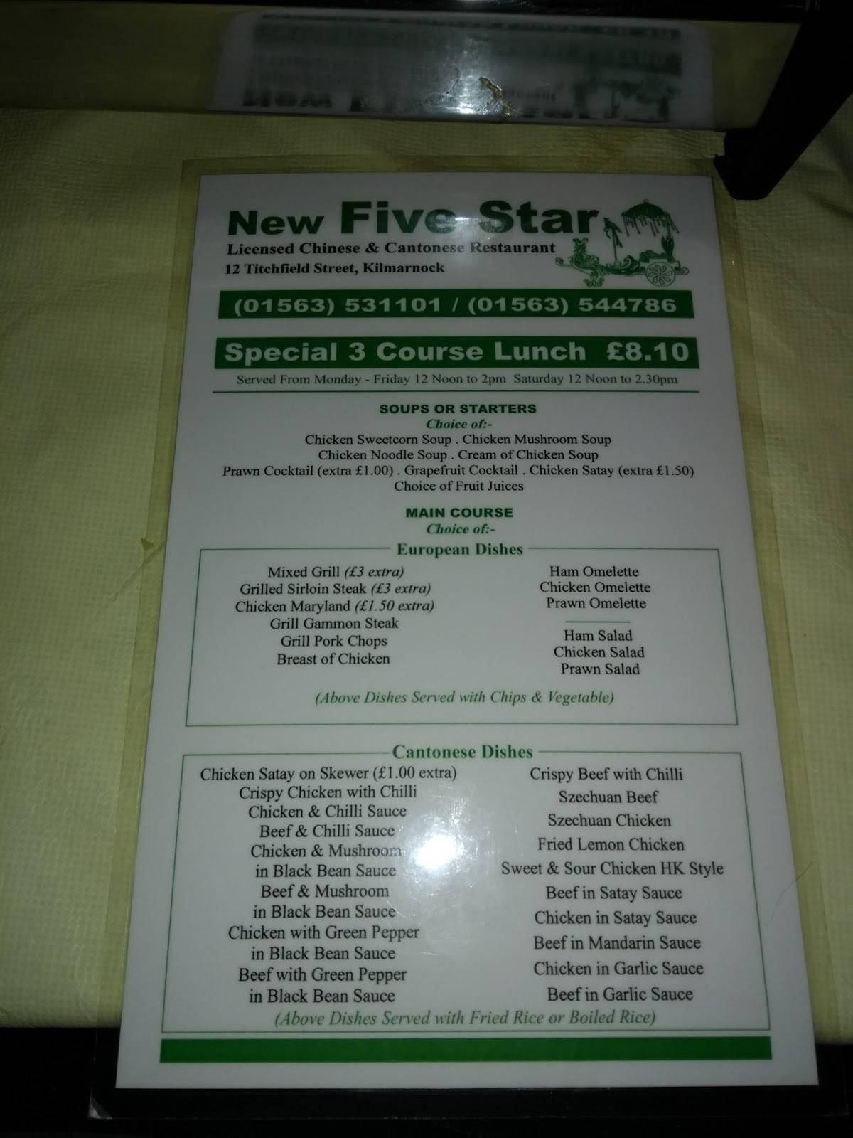 Menu at New Five Star Restaurant, Kilmarnock