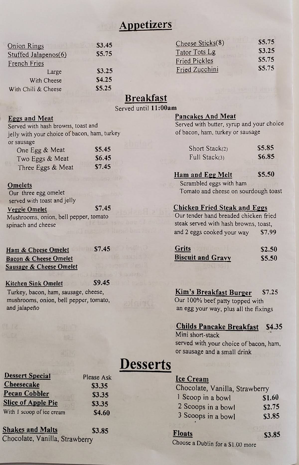 Menu at Kim's Diner cafe, Waco
