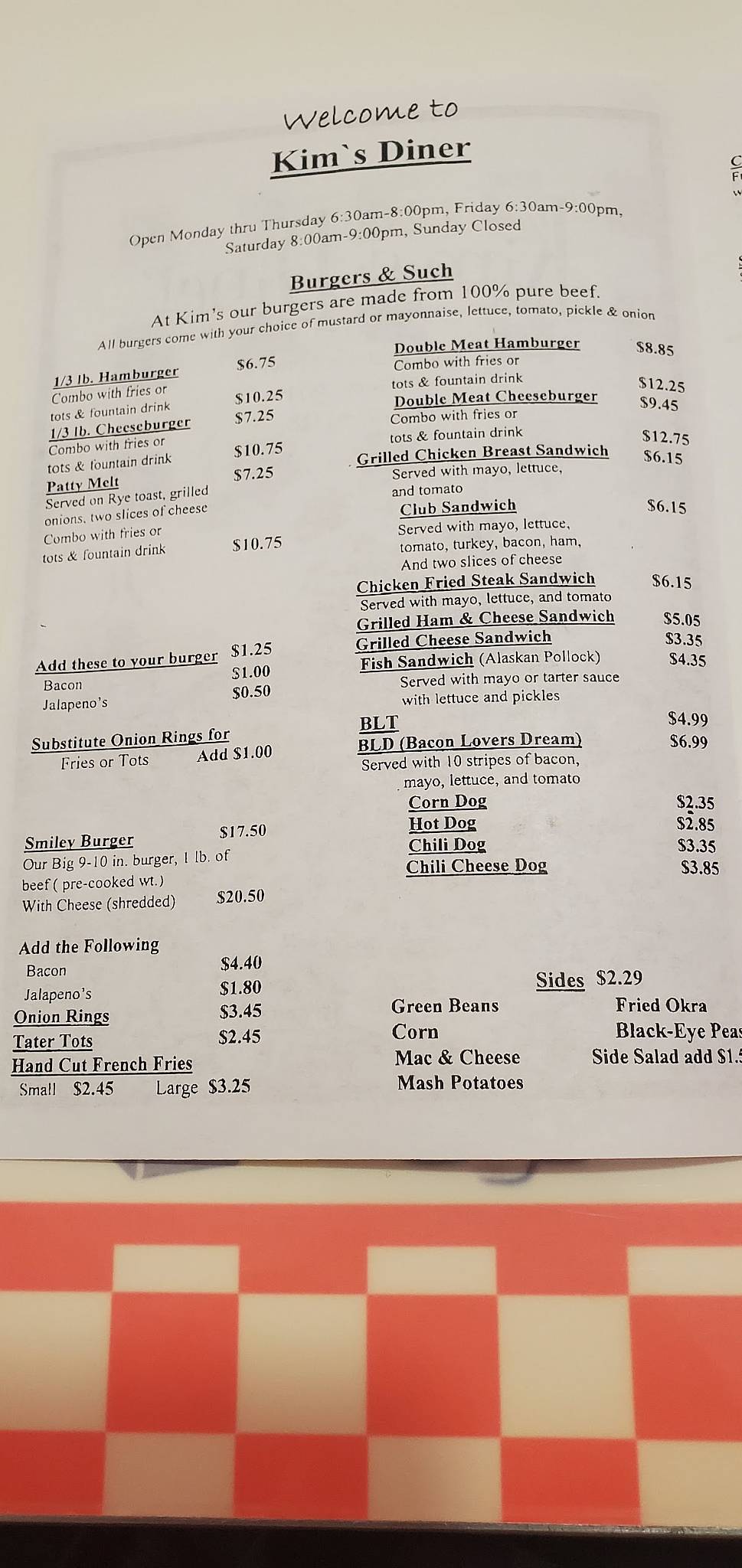 Menu at Kim's Diner cafe, Waco