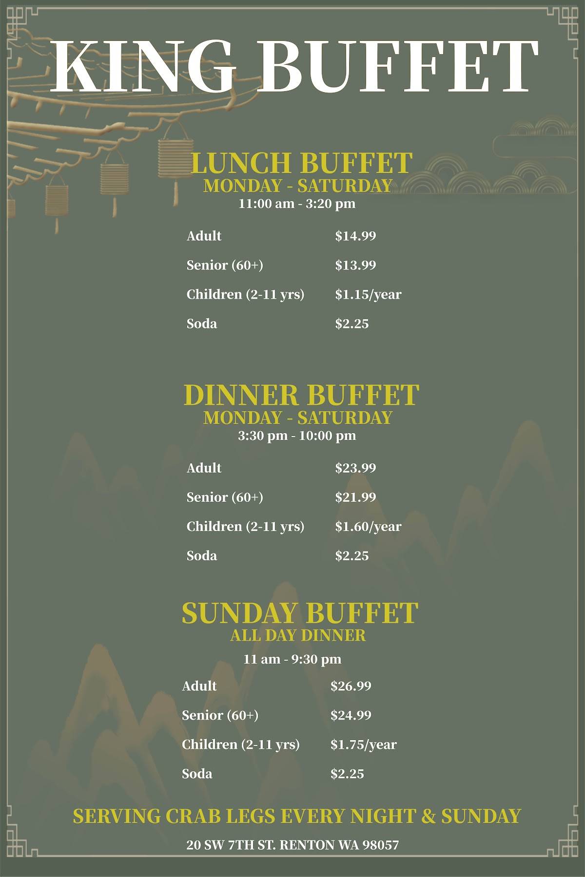 Menu at King Buffet restaurant, Renton