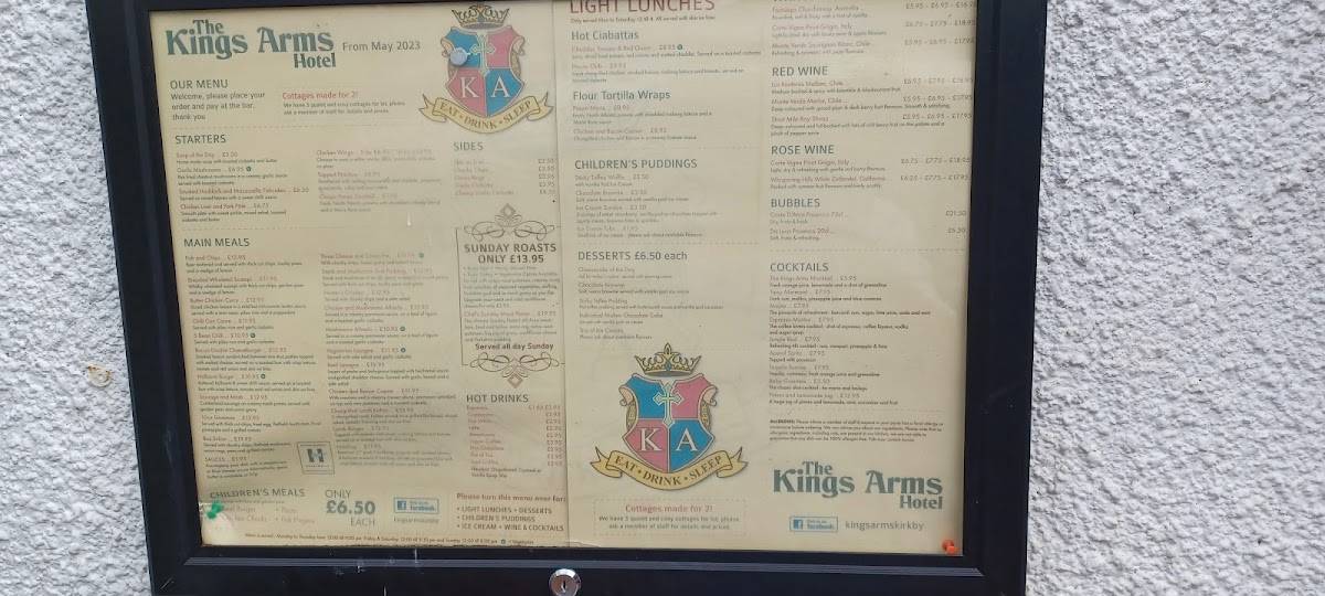 Menu at Kings Arms Hotel pub & bar, Kirkby Lonsdale
