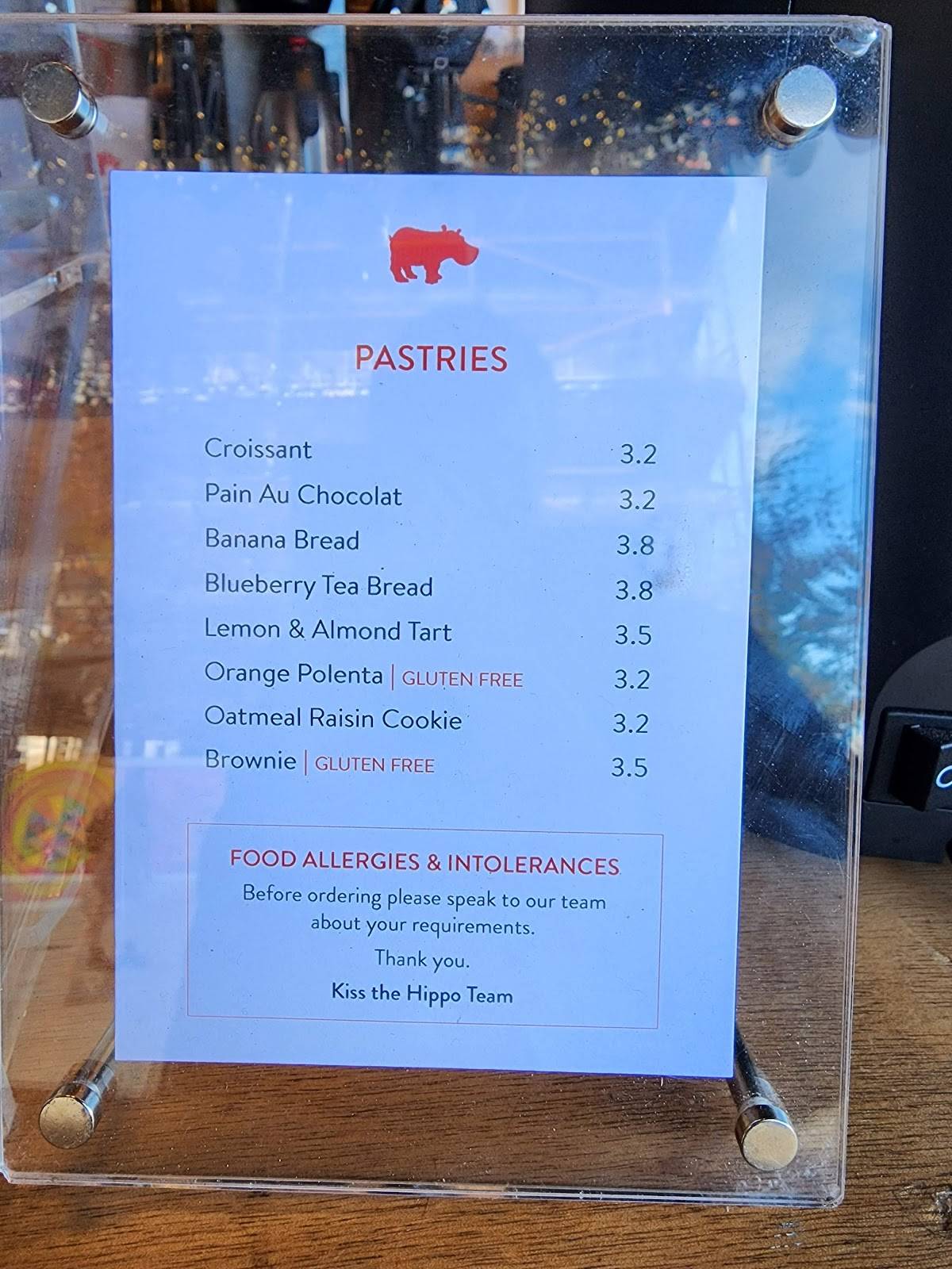 Carta del café Kiss the Hippo Coffee King's Cross Kiosk, Londres