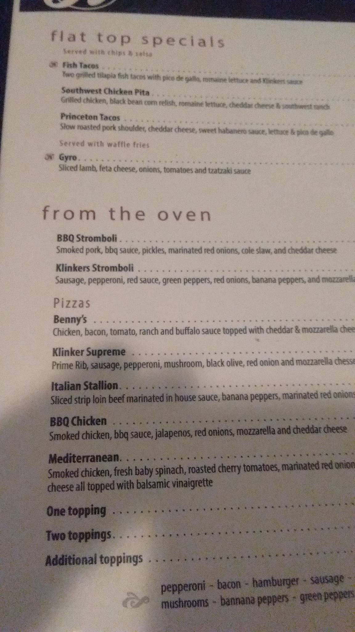 Menu at Klinkers Hometown Bar & Grill, Princeton