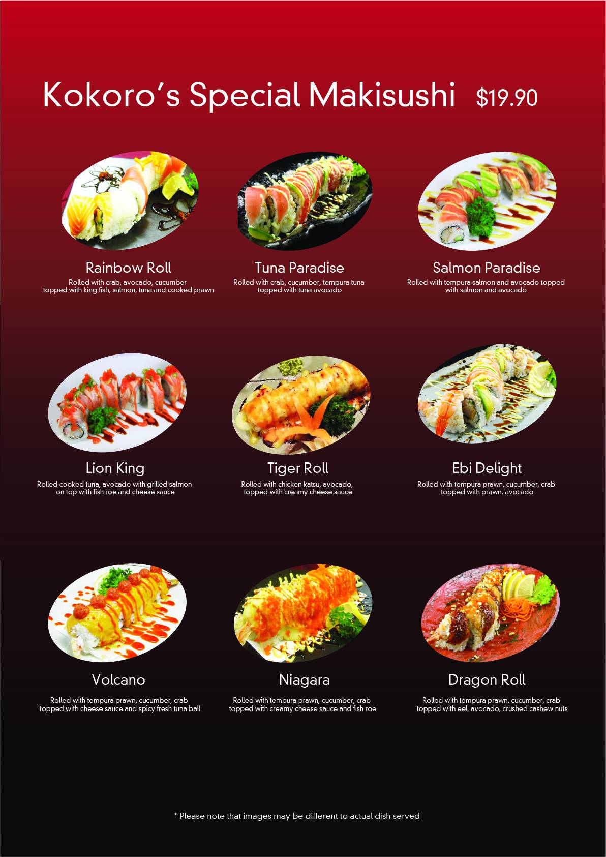 Menu at Kokoro Japanese Restaurant, Concord