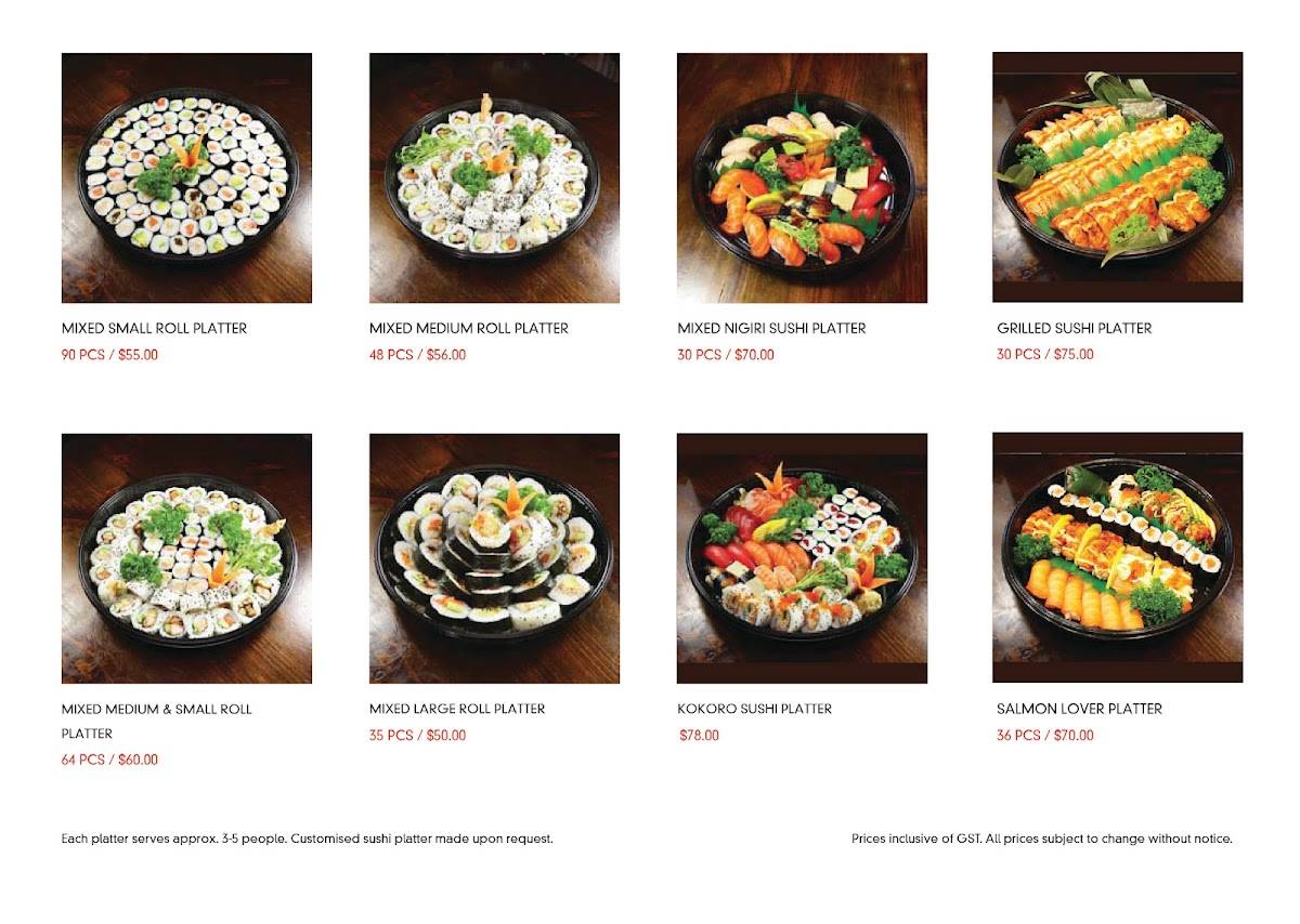 Menu at Kokoro Japanese Restaurant, Concord