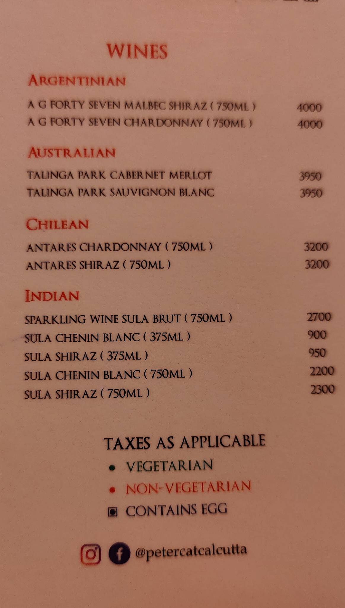 Menu at Peter Cat, Kolkata