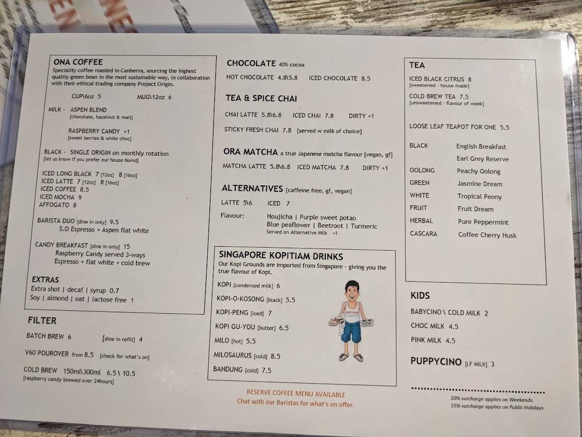 Menu at Kopi Stop cafe, Darwin City