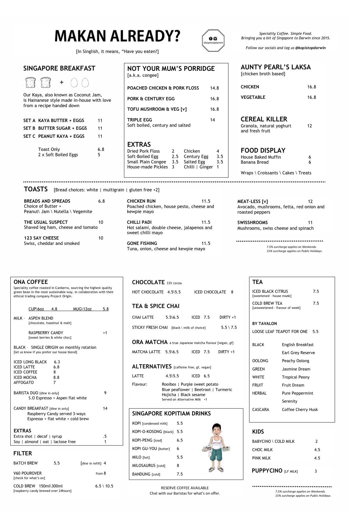 Menu at Kopi Stop cafe, Darwin City