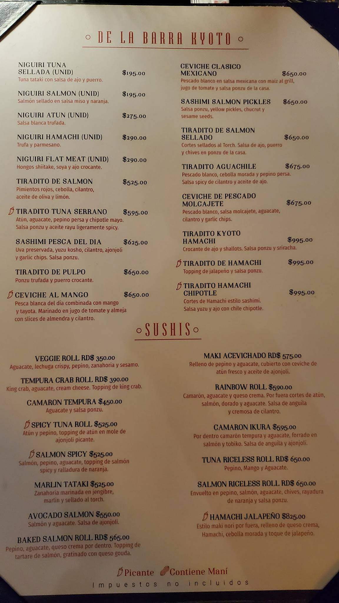 Carta del restaurante Kyoto, Santiago De Los Caballeros