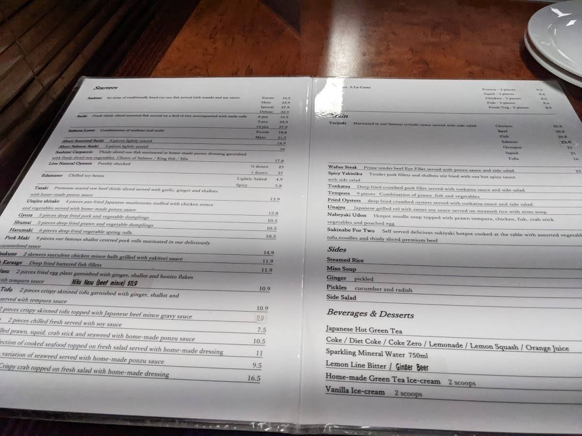 Menu at Kyushu Japanese Restaurant, Neutral Bay