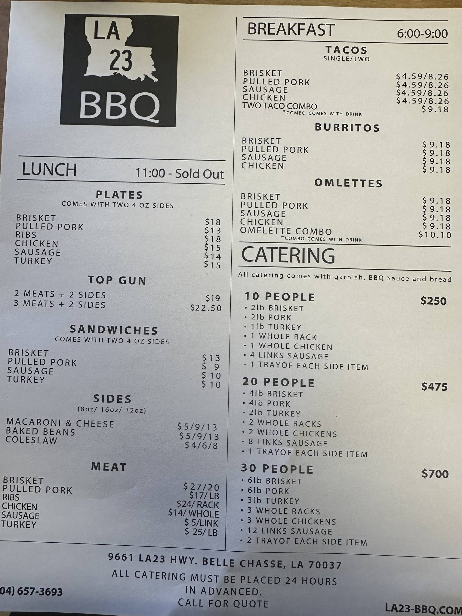 Menu at LA 23 BBQ, Belle Chasse, LA-23