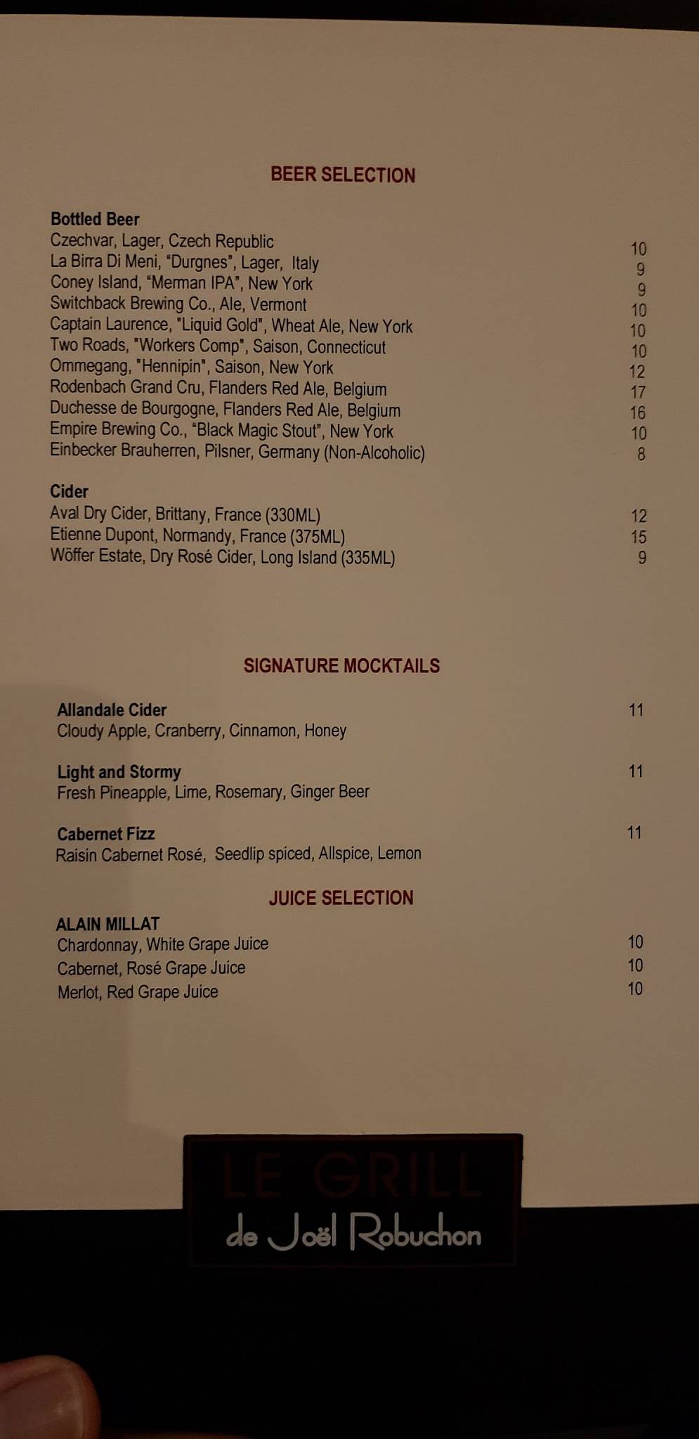 Menu at L'Atelier de Joël Robuchon restaurant, New York City, 85 10th Ave