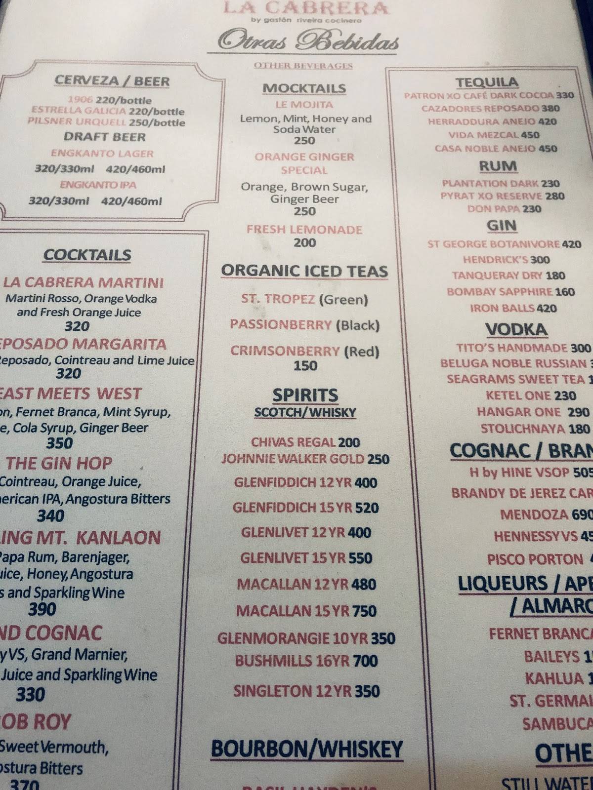 Menu at La Cabrera restaurant, Makati, H23G+46M