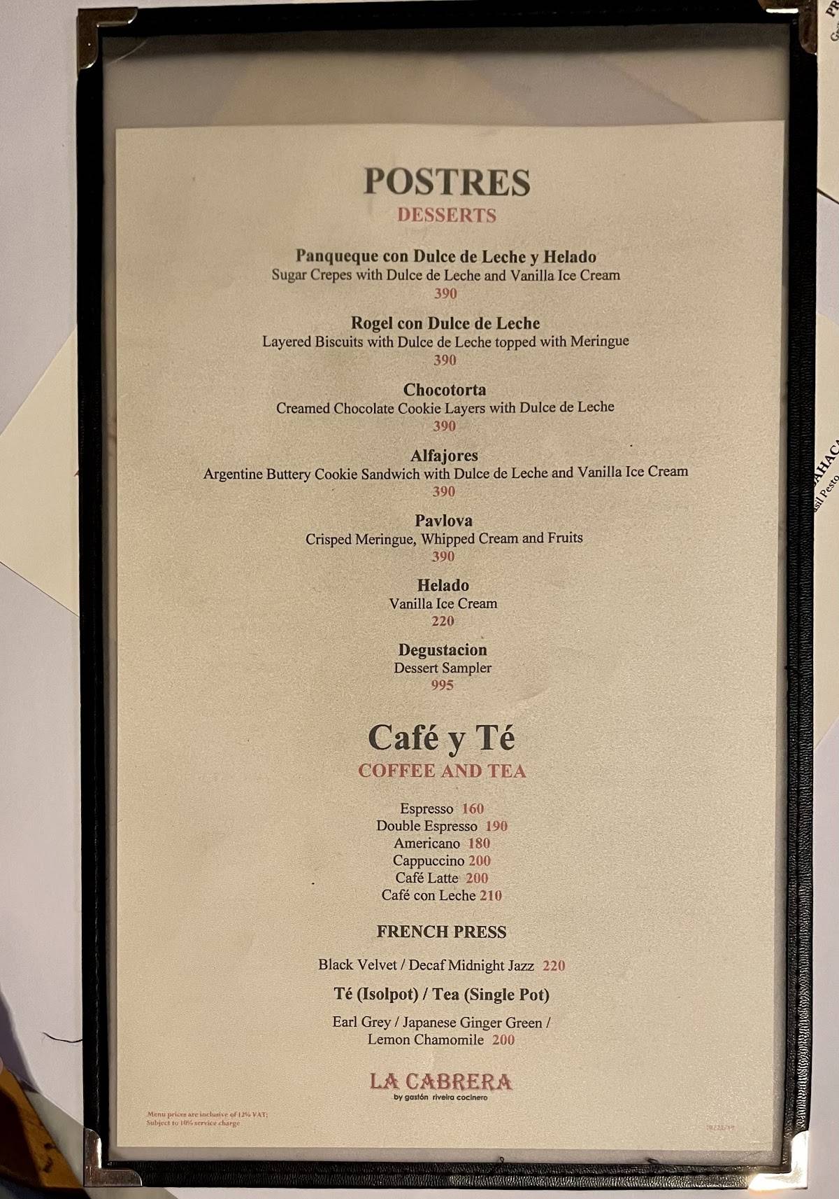 Menu at La Cabrera restaurant, Makati, H23G+46M
