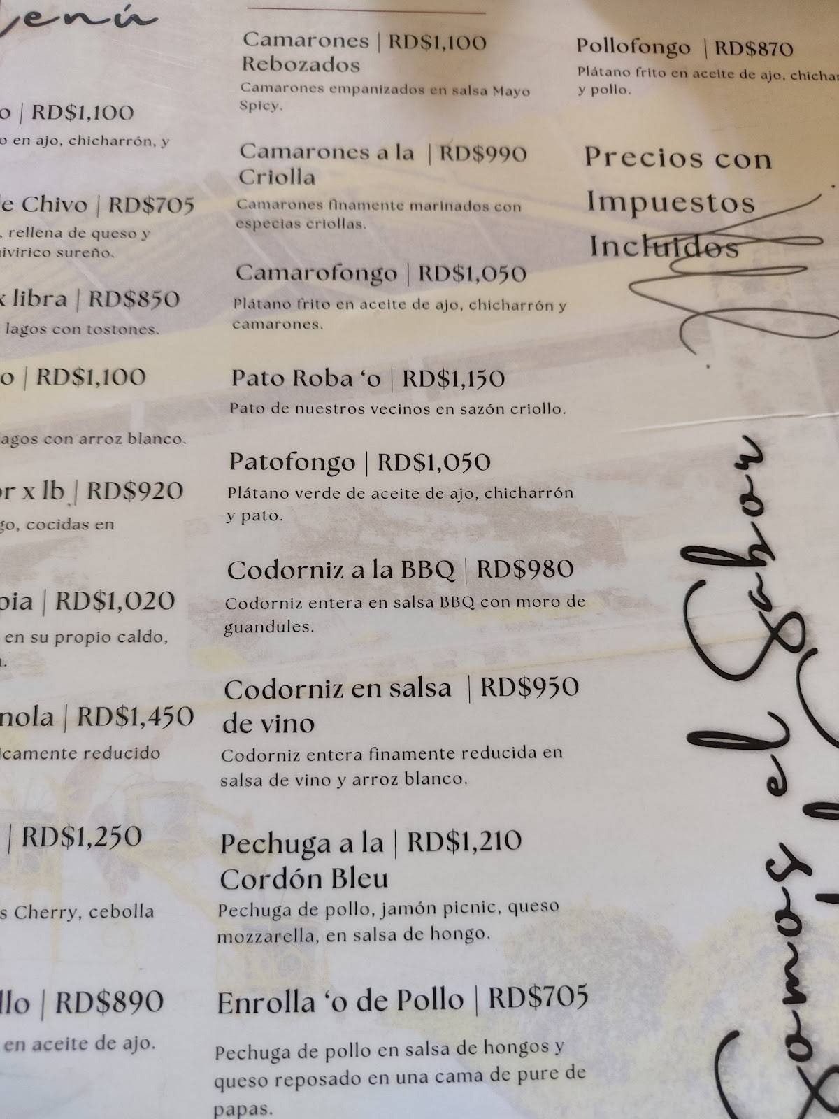 Carta del restaurante La Chivería del Yaguate, Dominicana
