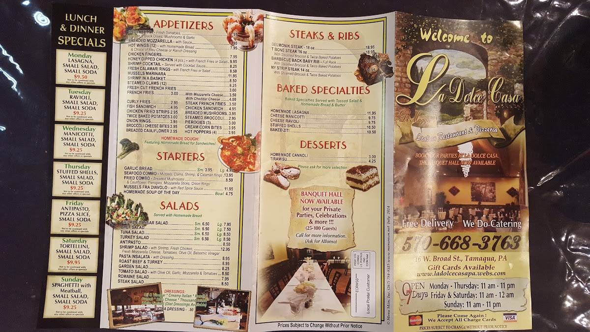 Menu at La Dolce Casa - DiMaggio's restaurant, Tamaqua