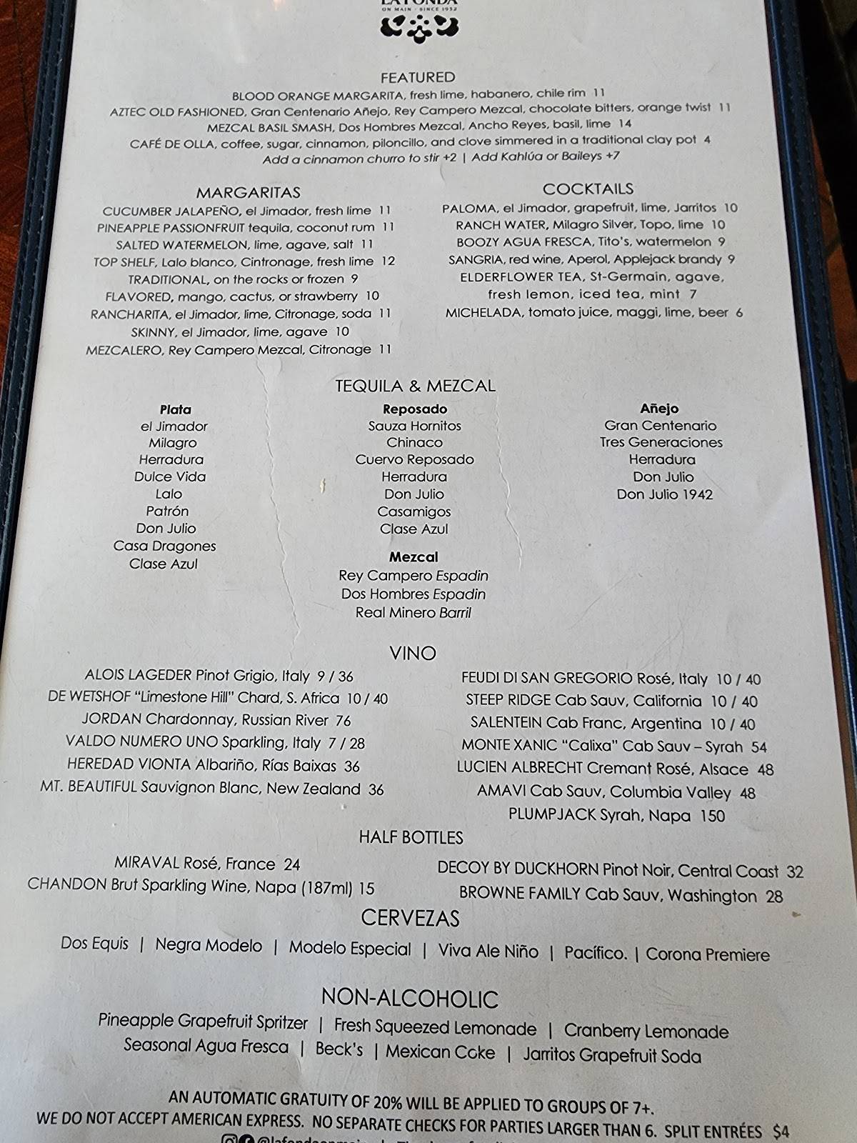 Menu at La Fonda On Main restaurant, San Antonio