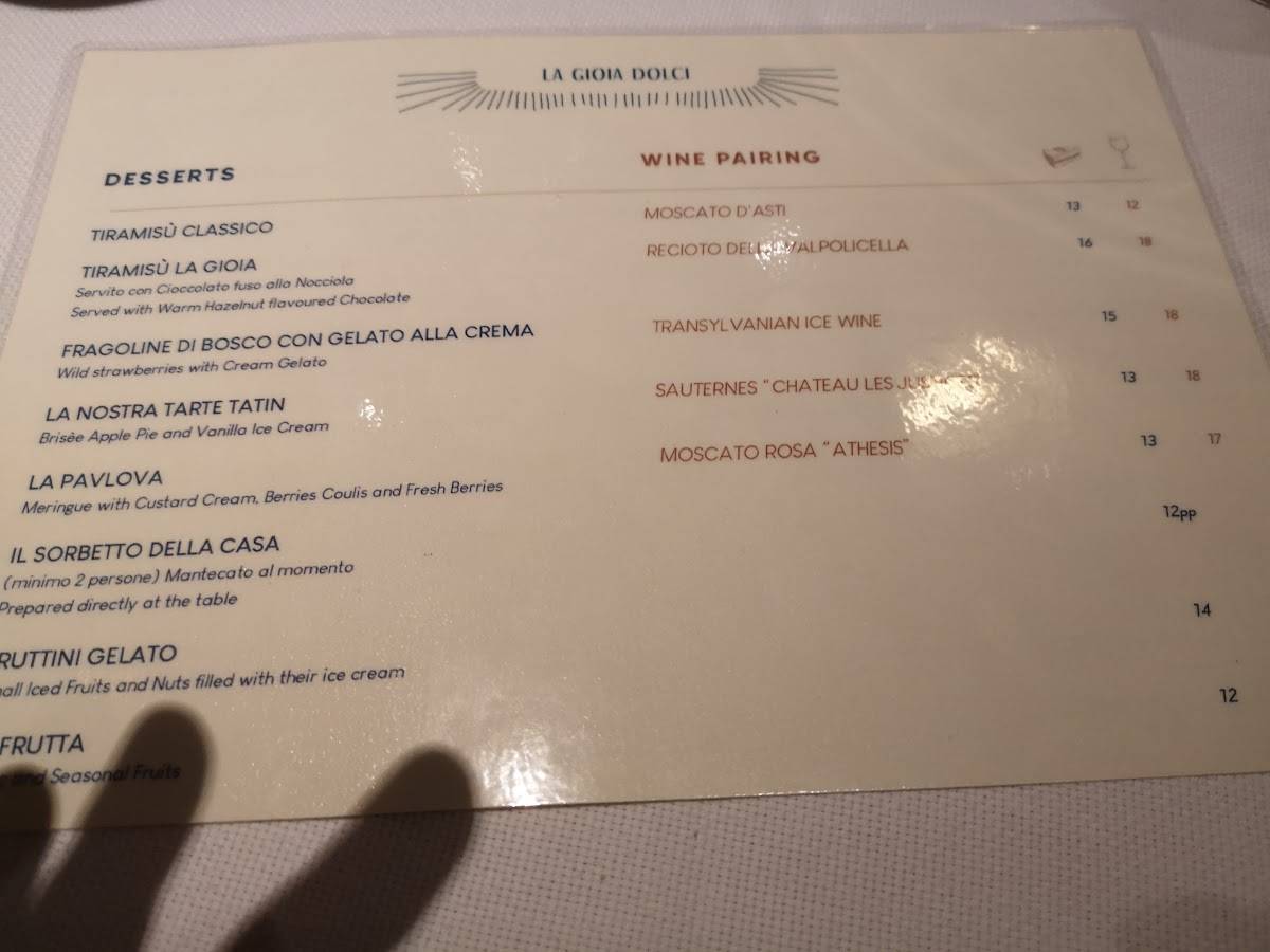 Menu at La Gioia restaurant, Milan