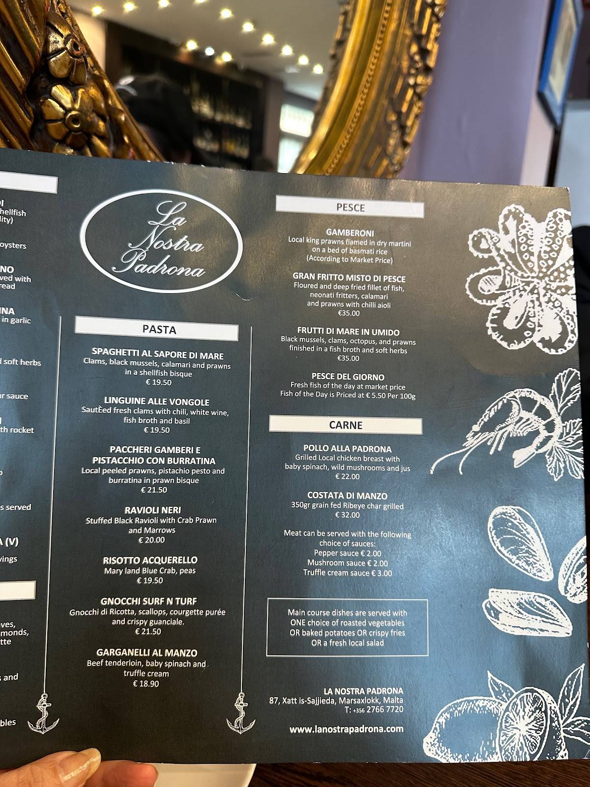 Menu at La Nostra Padrona restaurant, Marsaxlokk