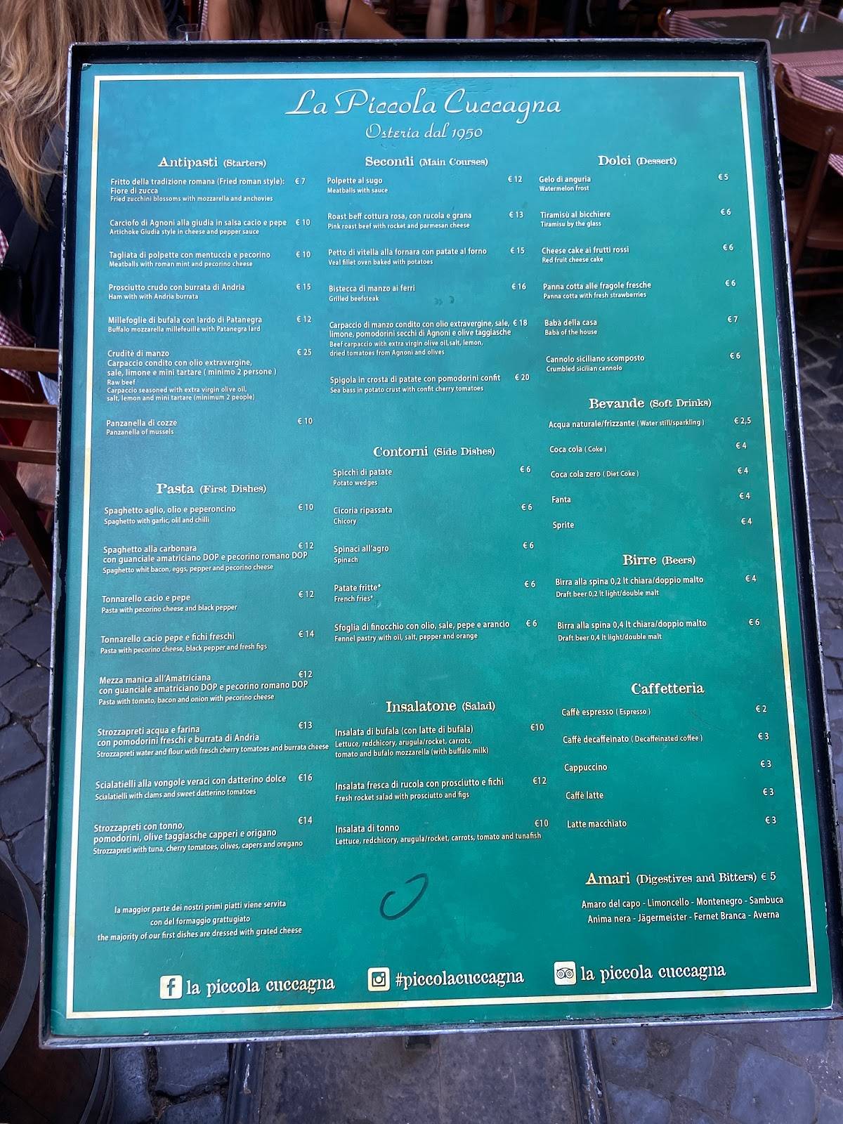 Menu at La Piccola Cuccagna - Ristorante, Rome