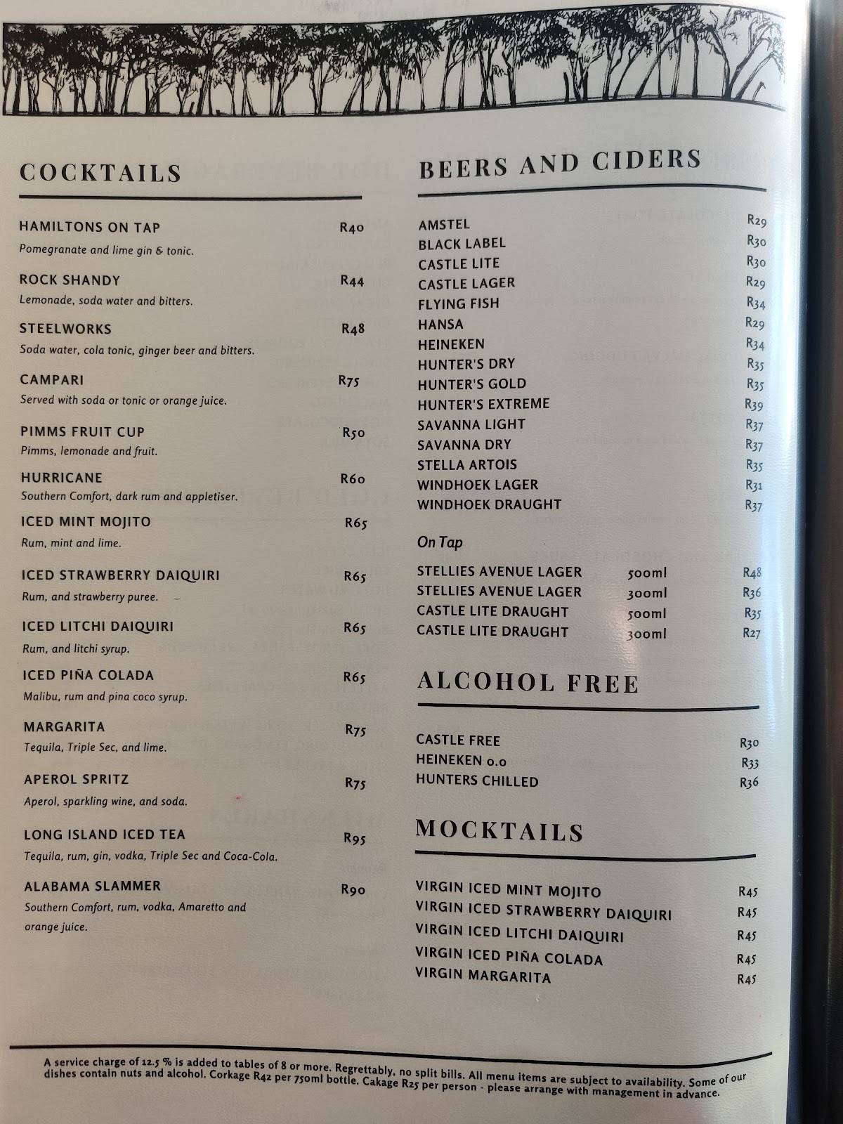 Menu at La Pineta restaurant, Stellenbosch, R44