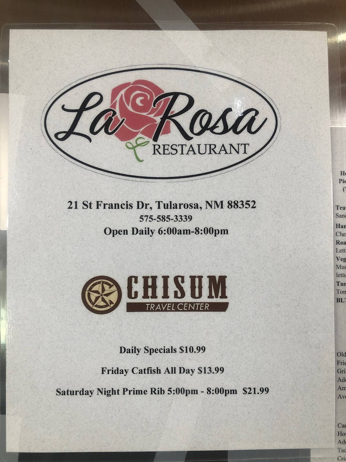 Menu at La Rosa Steakhouse, Tularosa