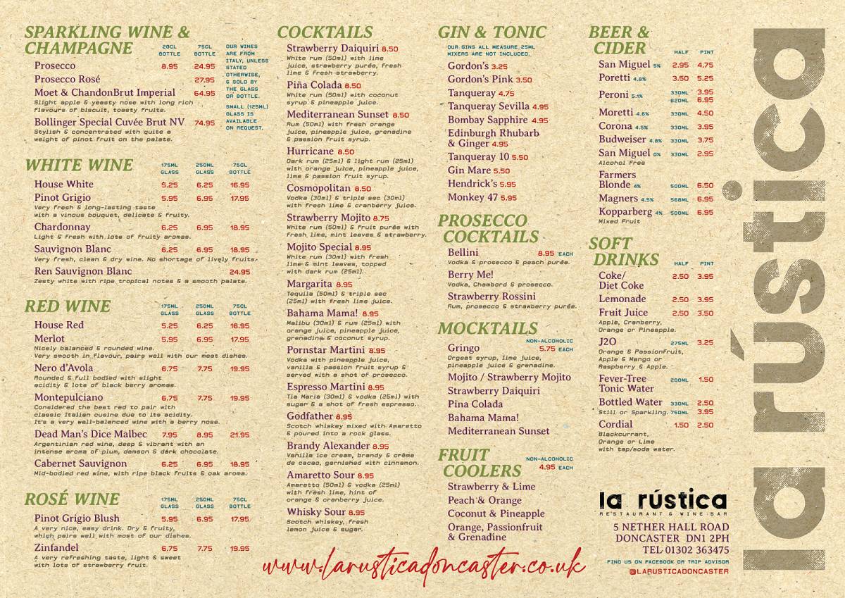 Menu at La Rustica Restaurant & Wine Bar, Doncaster