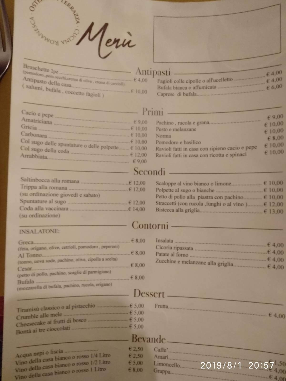 Menu da La Terrazza ristorante, Roma, P.le Jonio