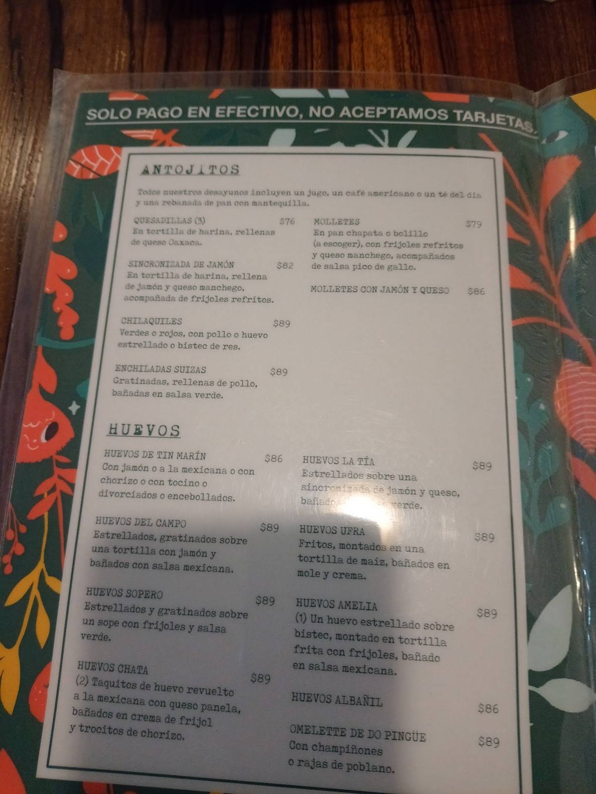 Menu at La Tía restaurant, Mexico City, Manuel María Contreras 20