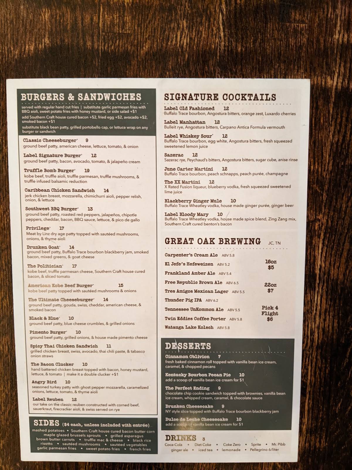 Menu at Label Restaurant, Johnson City