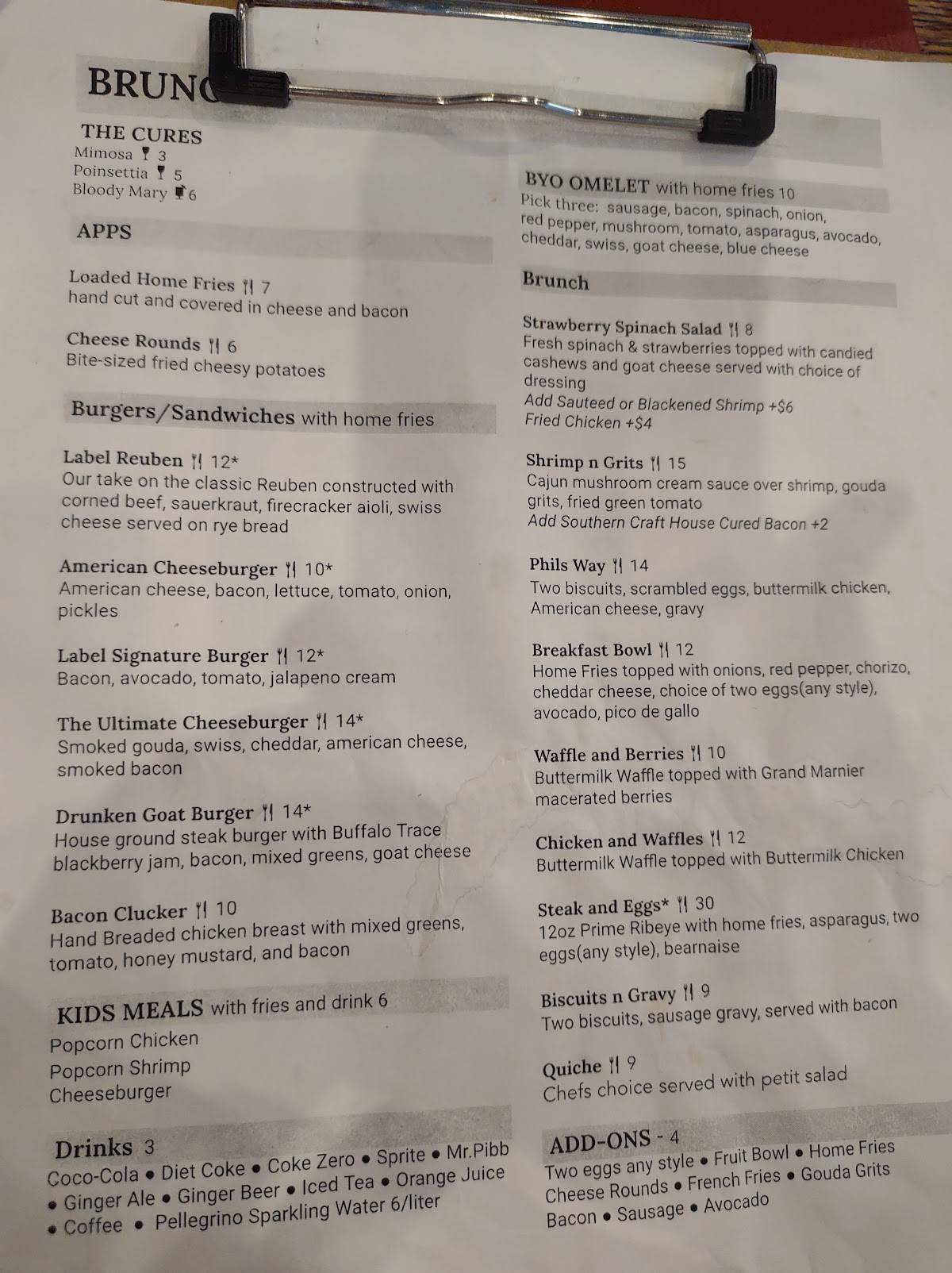 Menu at Label Restaurant, Johnson City