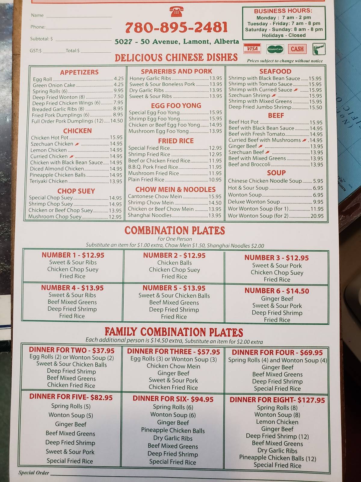 Menu at Parkview Restaurant, Lamont