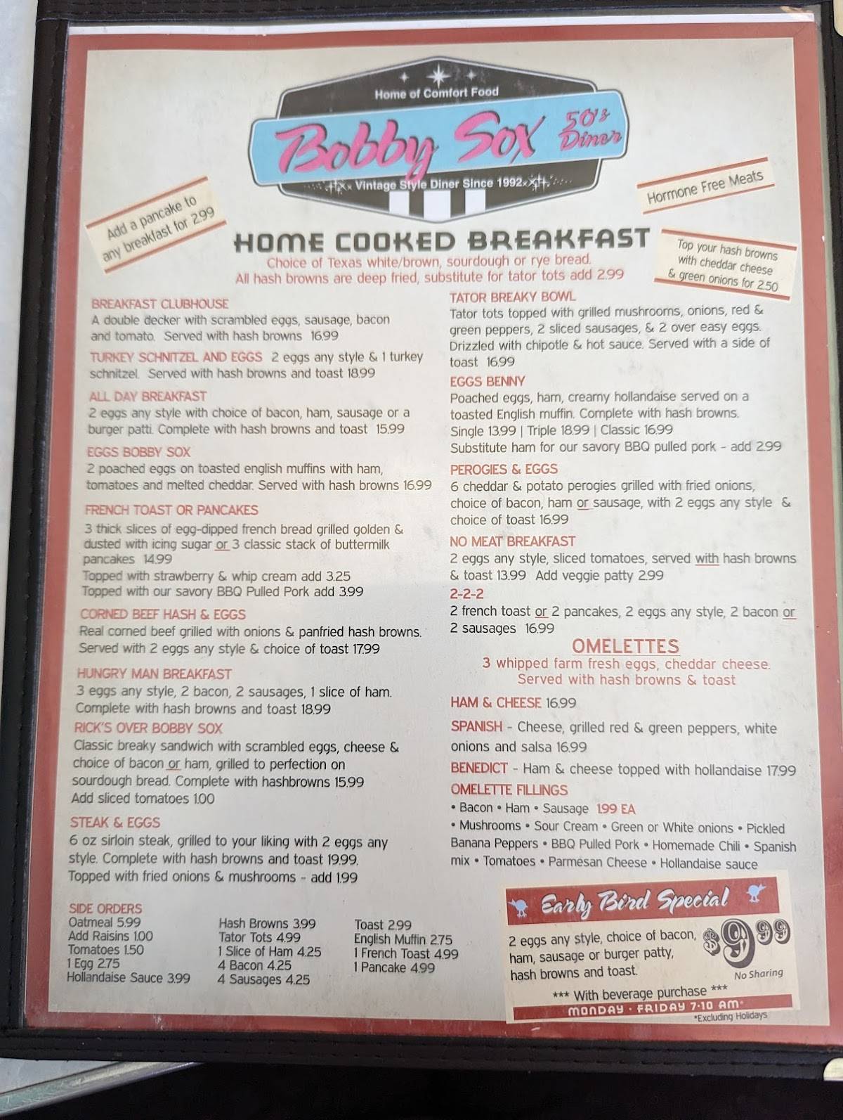 Menu at Bobby Sox 50's Diner restaurant, Maple Ridge